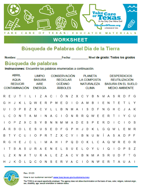 Earth Day Word Search (Spanish) | Take Care of Texas