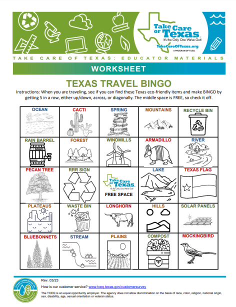 Texas Travel Bingo | Take Care of Texas